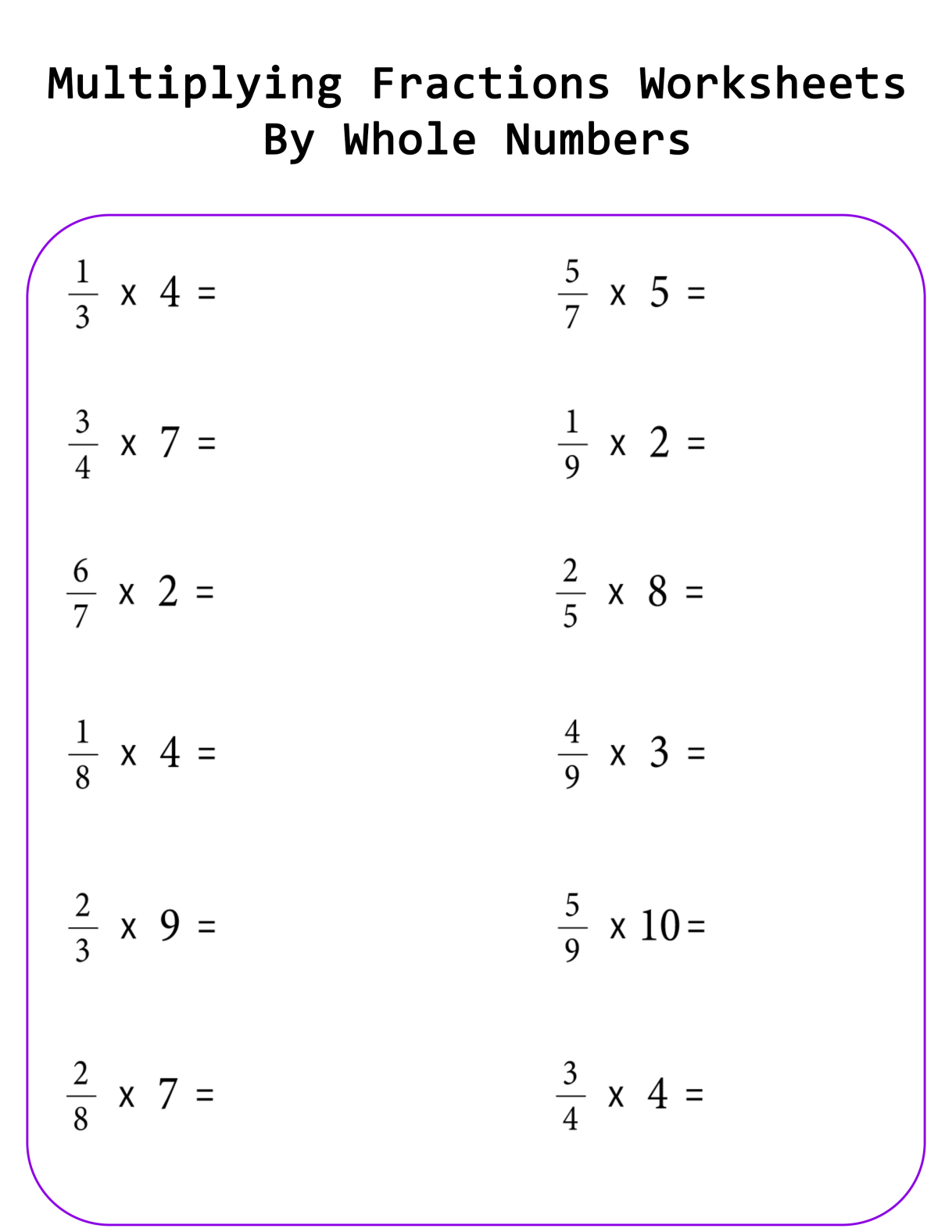 Free Worksheets for Multiplying Fractions by Whole Numbers – Print 1 ...