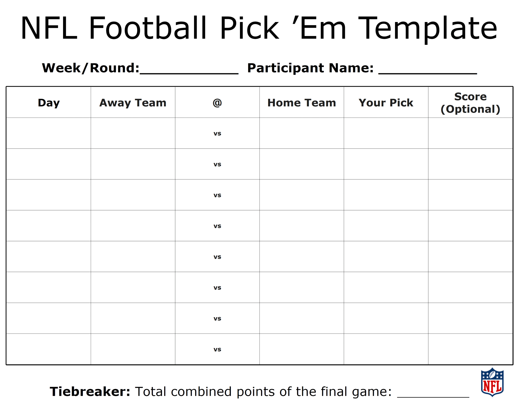 Free Blank NFL Pick ’Em Sheets for Weekly Football Picks – Print 1 Free ...
